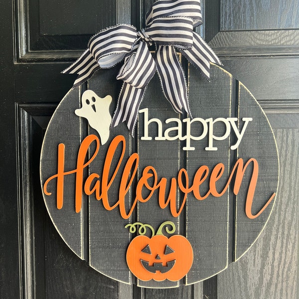 Happy Halloween Door Hanger, Rustic Fall Door Sign, Pumpkin Ghost, Wood ...