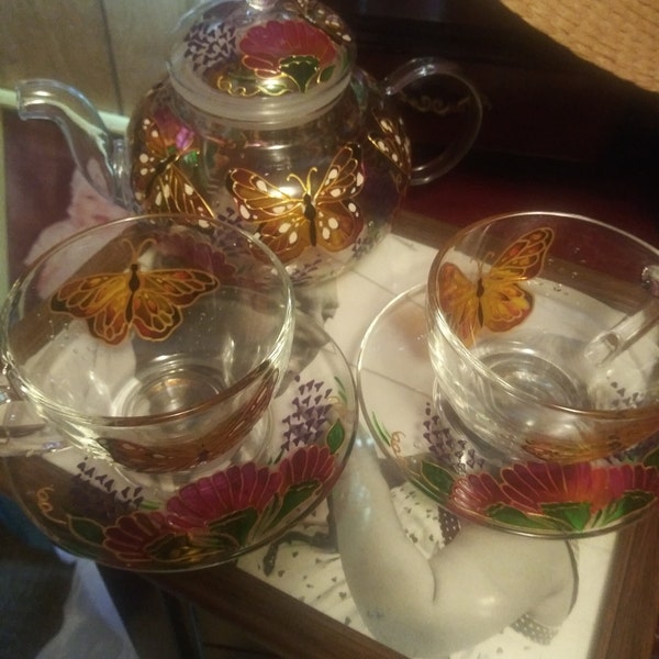 Butterflies Tea Set Hand Painted Teapot With Cups and Saucers ...