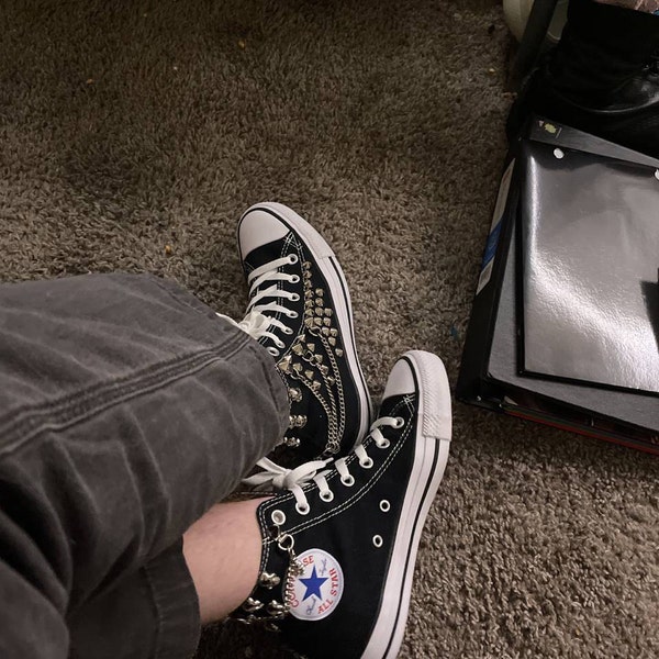 Studded CONVERSE Chucks Sneakers High Tops Black With Chains & Skulls ...