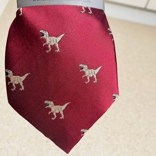 Burgundy Maroon Tie With Dinosaur T-rex Embroidered Design by Frederick ...
