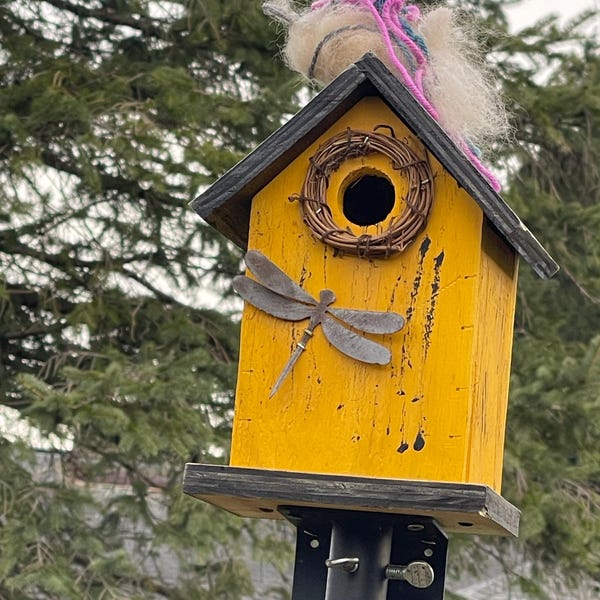 Rustic Primitive Birdhouse Rusty Dragonfly Birdhouse Outdoor Bird House ...