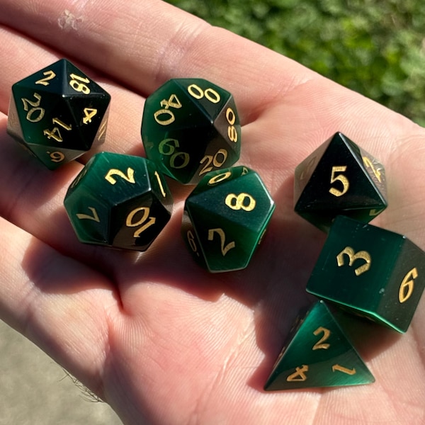 Hand Carved Gemstone Dark Green Cats Eye Stone (and Box) Polyhedral ...