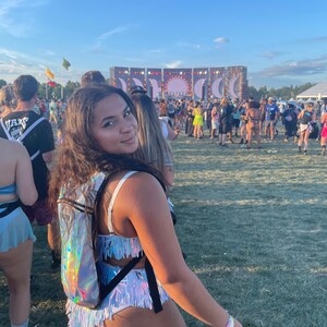 Holographic Rainbow Blue Sequin Tinsel Fringe Cheeky Rave Outfit Music ...