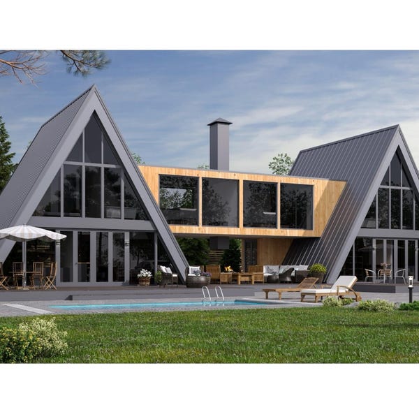 Double A-frame, 6 Bedrooms, 4 Bathroom House Architecture Build Plans ...