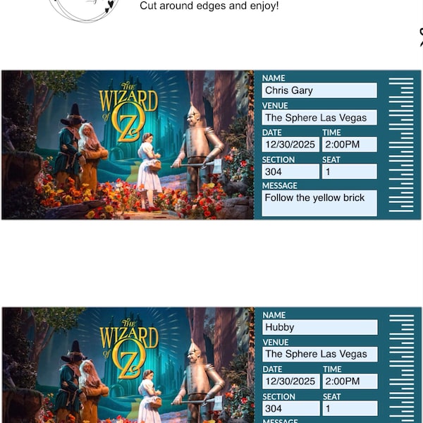 Printable WIZARD of OZ Broadway Surprise Ticket. Editable Musical ...