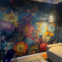 Teal Abstract Wallpaper With Colorful Flowers| Wall Decor | Home ...