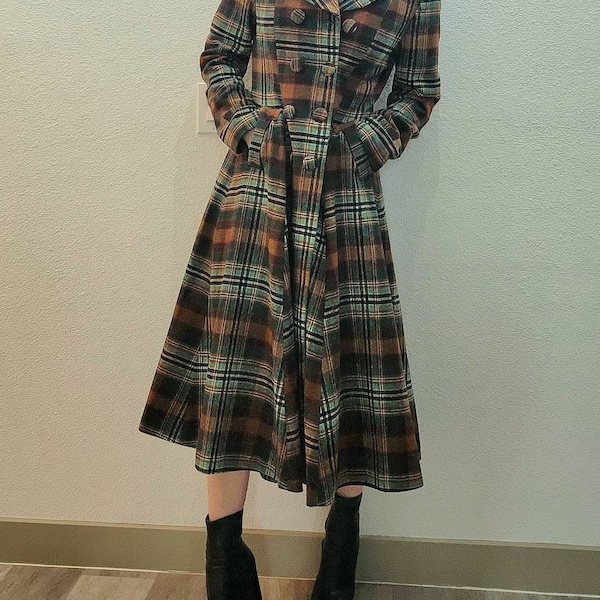 Plaid Wool Coat, Vintage Inspired Long Wool Coat, Winter Coat Women ...