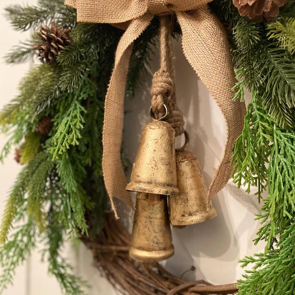 12 Metal Gold Rustic Bells on Jute Rope, Rustic Vintage Style, Hanging ...