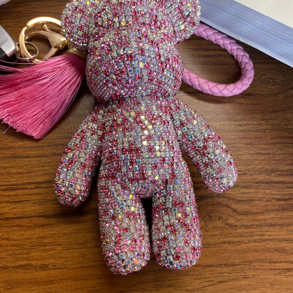 Pink Crystal Bear Key Chains Cute Keyrings Tassel Pink Rope Braided ...