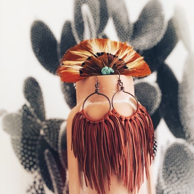 Rust Color Leather Fringe Earrings, Handmade Wire Hoops, Leather ...