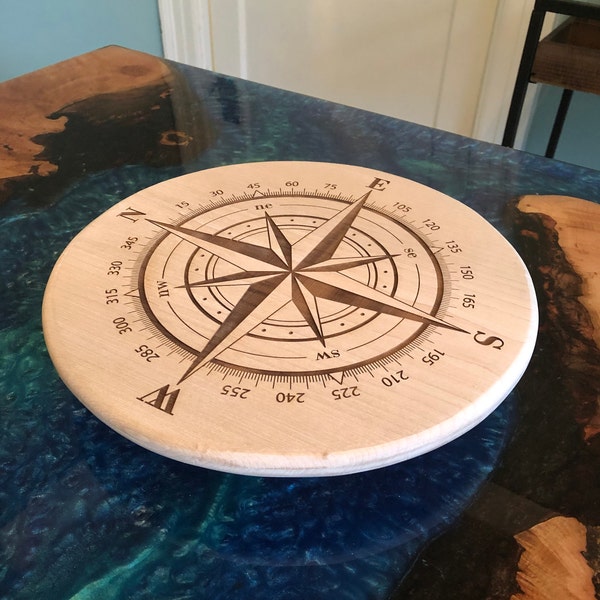 Compass Wood Lazy Susan Wooden Turntable Table Décor | Laser Engraved ...