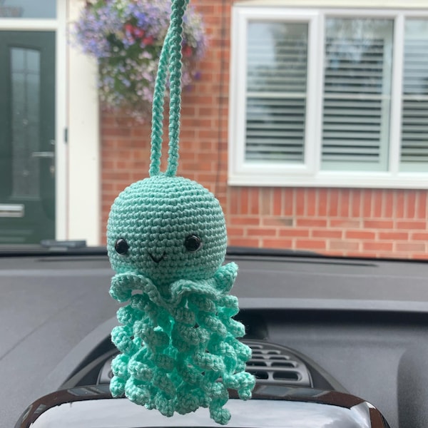 Crochet Jellyfish Car Charm: Handmade Cotton Rear View Mirror Hanger - Etsy