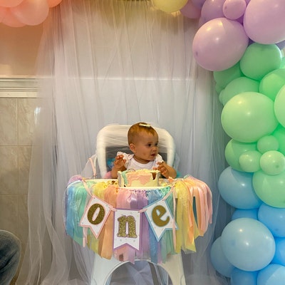 Pastel Rainbow High Chair Birthday Banner and Ribbon Garland Set ...
