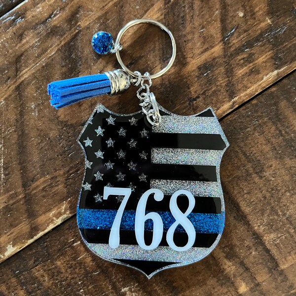 Personalized Thin Blue Line Glitter Keychain, Police Badge Keychain ...