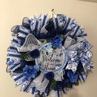 Blue Rose Welcome Wreath Sign, Signs for Wreaths, Wreath Enhancement - Etsy