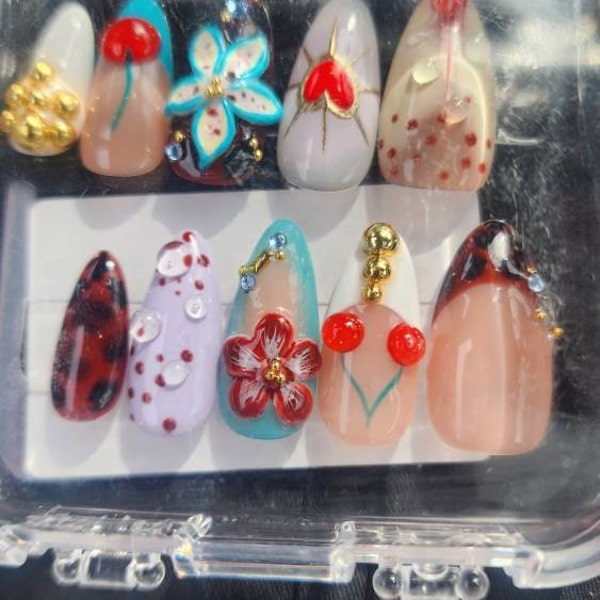 Flower Nails,custom Hand Painted Acrylic Nails, 3D Press on Nail ...