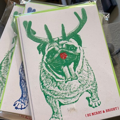 Pug a La Rudolph, Merry and Bright Holiday Cards 4 Pack - Etsy