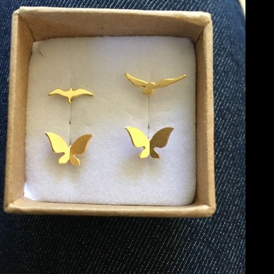 Gold Birds Studs, Birds in Flight Earrings, Asymmetrical Birds Earrings ...