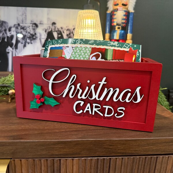 Rustic Christmas Card Holder - Wooden Holiday Card Box With Holly Decor ...