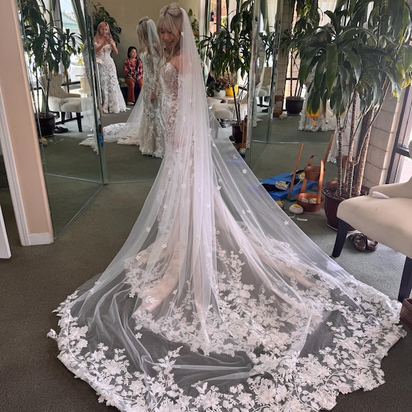 Beaded Embroidered Flowers Lace Wedding Veil,cathedral Long Veils for ...