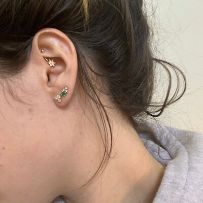 Golden Rook Piercing Spring Multistone Flower Curved Barbell Ring..16g ...