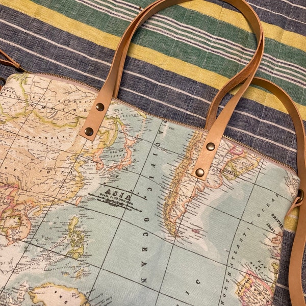 World Map Tote Bag With Zipper, Cute Canvas Shoulder Tote for Travel ...