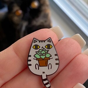 Gray Tabby Cat Enamel Pin, Cat and Succulent Pin, Cat Pin for Cat ...
