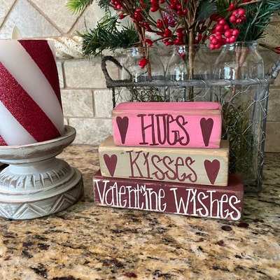 Hand Painted Distressed Hugs Kisses Valentine Wishes Tiered Tray Shelf ...