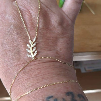 CZ Leaf Hand Chain Bracelet, Silver Wrap Bracelet, Adjustable Bracelet ...