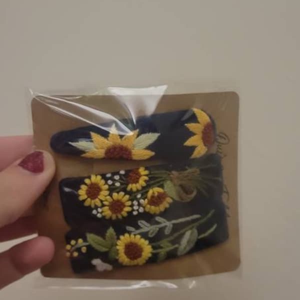 Sunflower Embroidered Hair Barrettes for Women Girl, Handmade Hairclip ...
