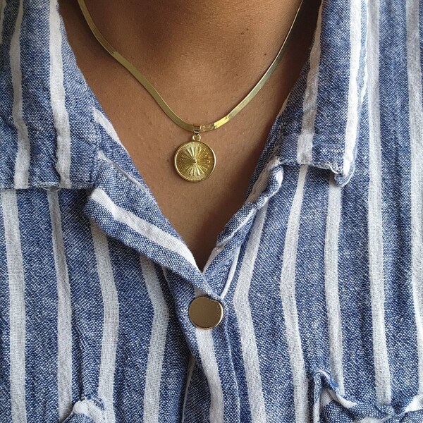 24k Gold Filled Round Coin Medallion Pendant, Sunburst Charm Necklace ...