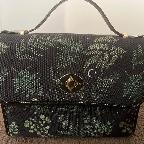 Boho Fern Forest Black Canvas Satchel Bag, Green Crossbody Moon Purse ...