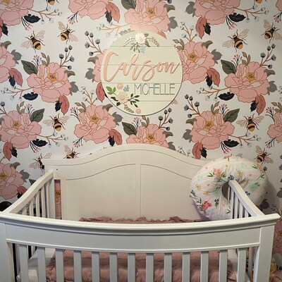 24 Round Floral Backboard on Shiplap Like Backboard Custom Wood Name ...