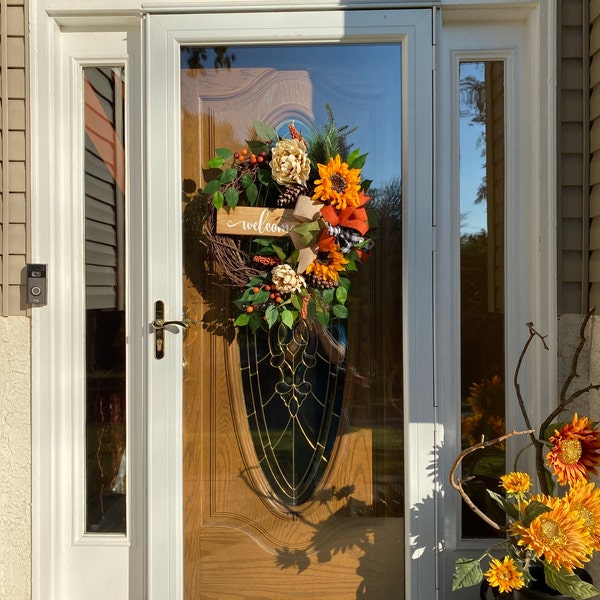 Fall Sunflower Welcome Wreath, Fall Wreath, Fall Farmhouse Wreath, Fall ...