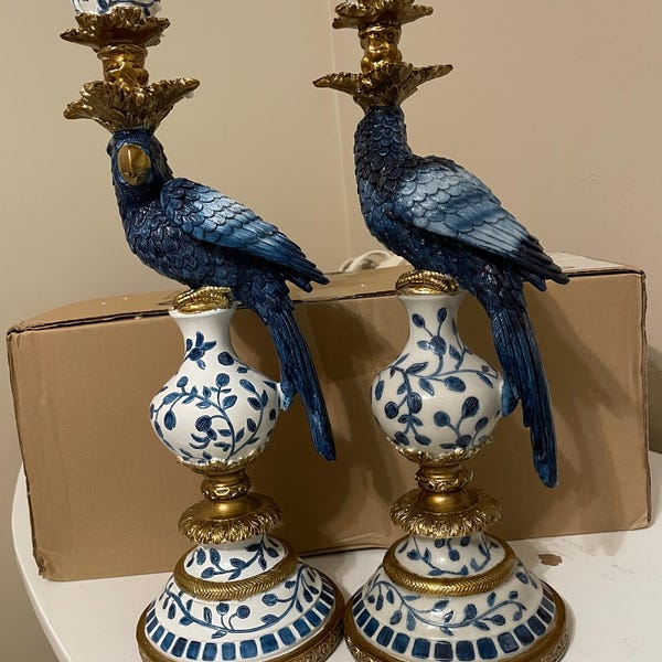 Blue White Parrot Candle Holder Pair, Bird Candlestick, Hollywood ...