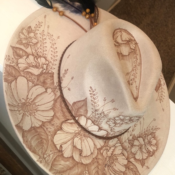Burned Floral Design on Wide Brim Rancher Hat FLOWERS Boho Cowgirl ...