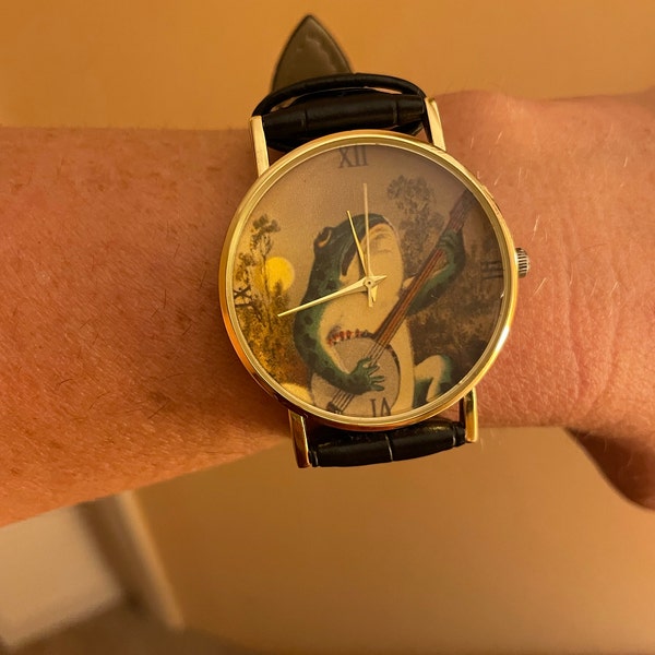 Frog Playing Guitar Leather Watch, Frog Music Ladies Watch, Unisex ...