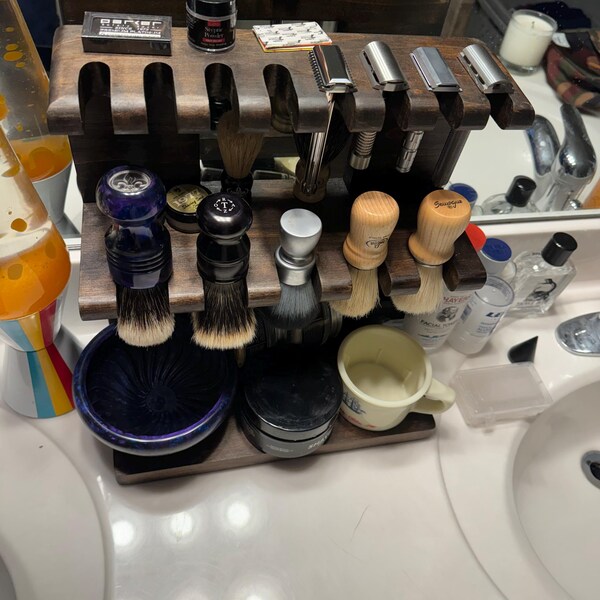 Safety Razor and Shaving Brush Stand Double Decker Wooden, Room for ...
