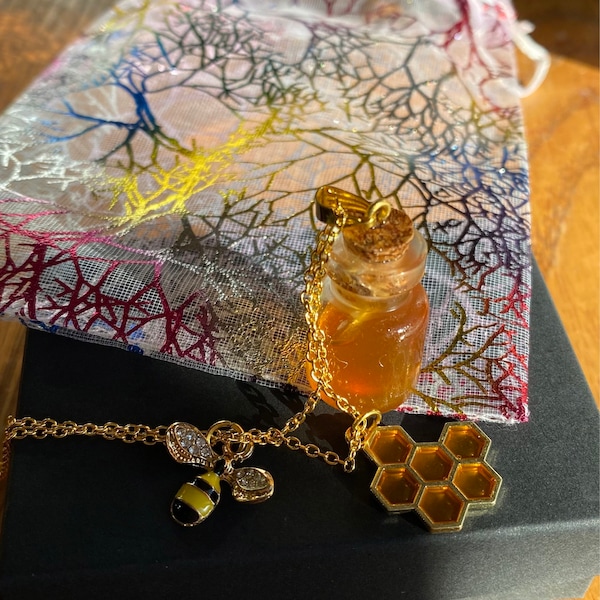 Honey Jar Pendant Necklace Gold Bee and Honeycomb 100% Pure Honey Charm ...