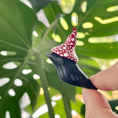 Made to Order Mushroom Crow Totem, Raven Clay Figurine, Crow Sculpture ...