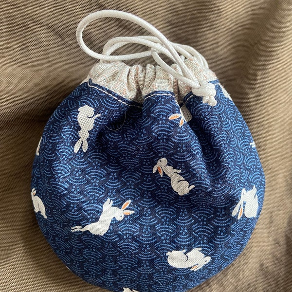 Japanese Mini Pouch, 10cm Handmade Indigo Blue Round Draw-string Bag ...