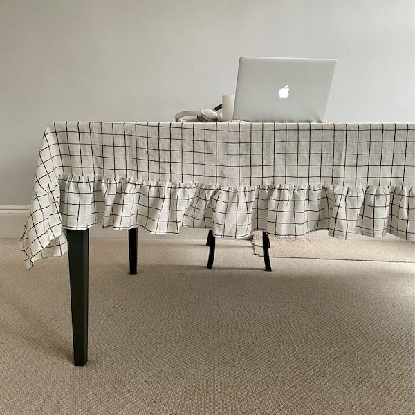Round Ruffled Linen Tablecloth, Striped Table Cloth With Ruffles, Round ...