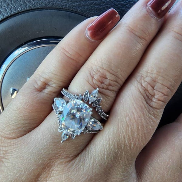 Fancy Engagement Ring Set - Radiant Three Stone Engagement Ring - Tiara ...