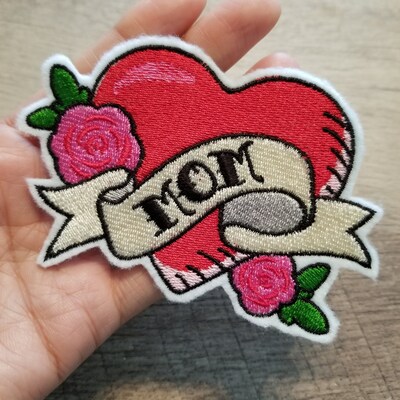 Embroidered Tattoo Style Heart, Mom and Roses Biker Patch, Iron On, Sew ...
