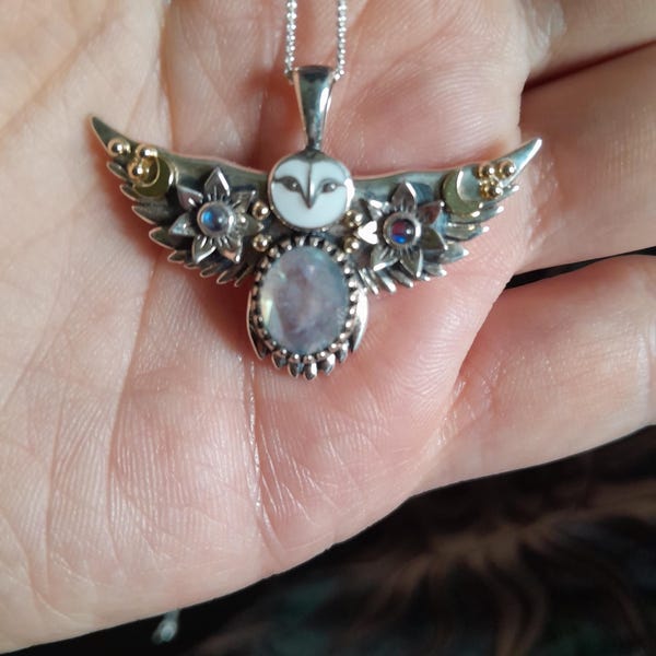 925 Sterling Silver and 18k Gold Owl Pendant - Natural Moonstone ...