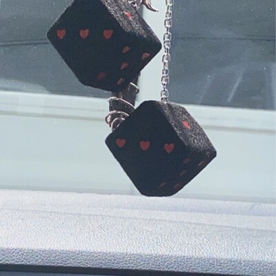 Black Fuzzy Dice With Red Hearts and Chain or Cord / Car Accessories ...