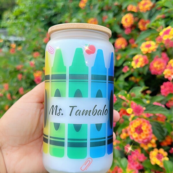 Crayons Name Gan Glass Wrap SVG Teacher Kindergarten Ta 16oz Can Svg ...