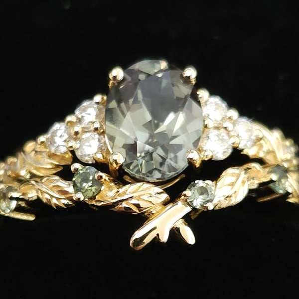 Vintage Green Sapphire Engagement Ring Set Nature Inspired Leaf ...