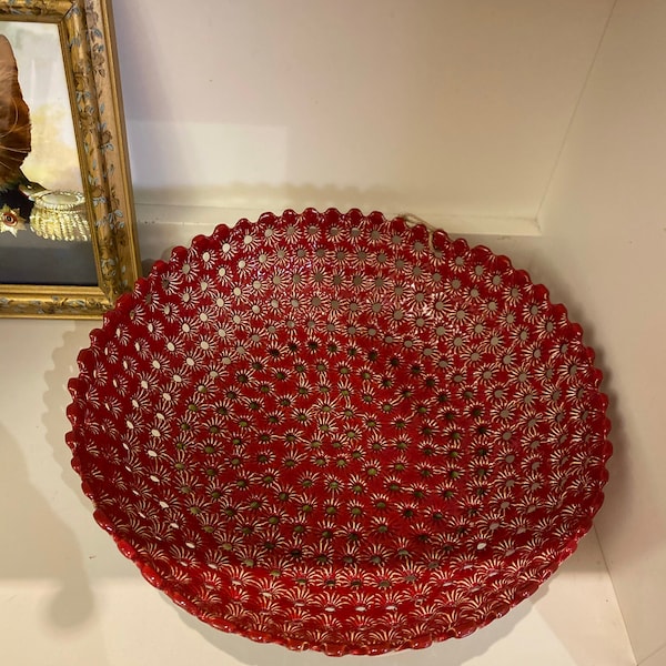 Red Lace Ceramic Fruit Bowl – Handmade Openwork Centerpiece, Large ...