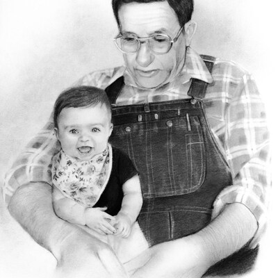 Original Pencil Drawing Grandfather and Baby, Realistic Portrait From ...
